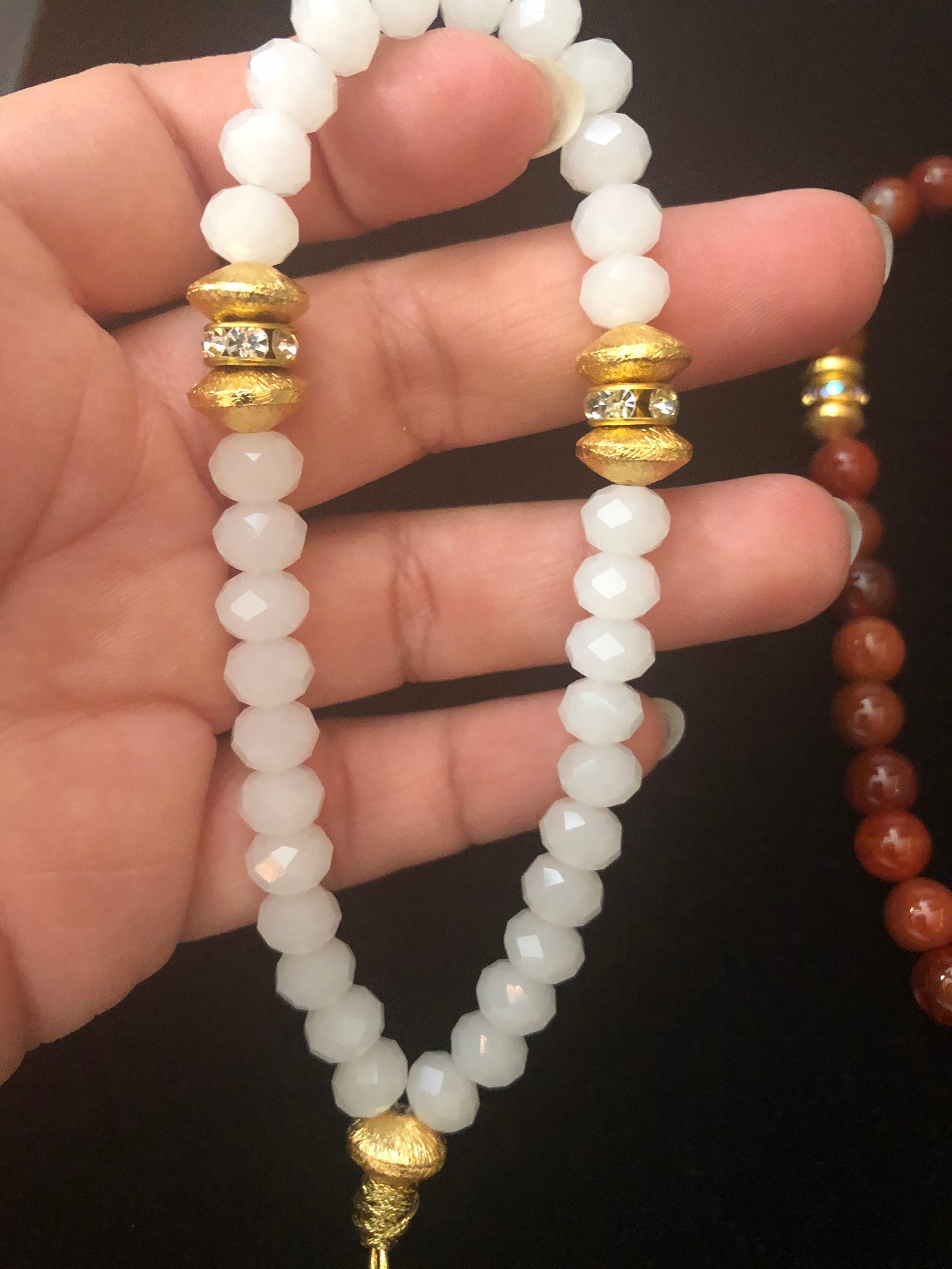 33 Para White Crystal Tasbih With Gold Plated Teardrop Shaped Allah ...