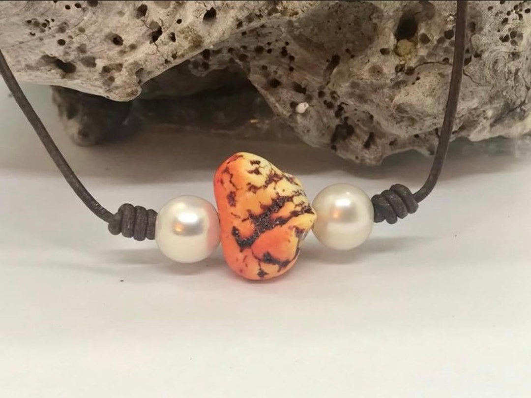Orange Turquoise Stone Nugget Leather Necklace Pearl - Etsy UK