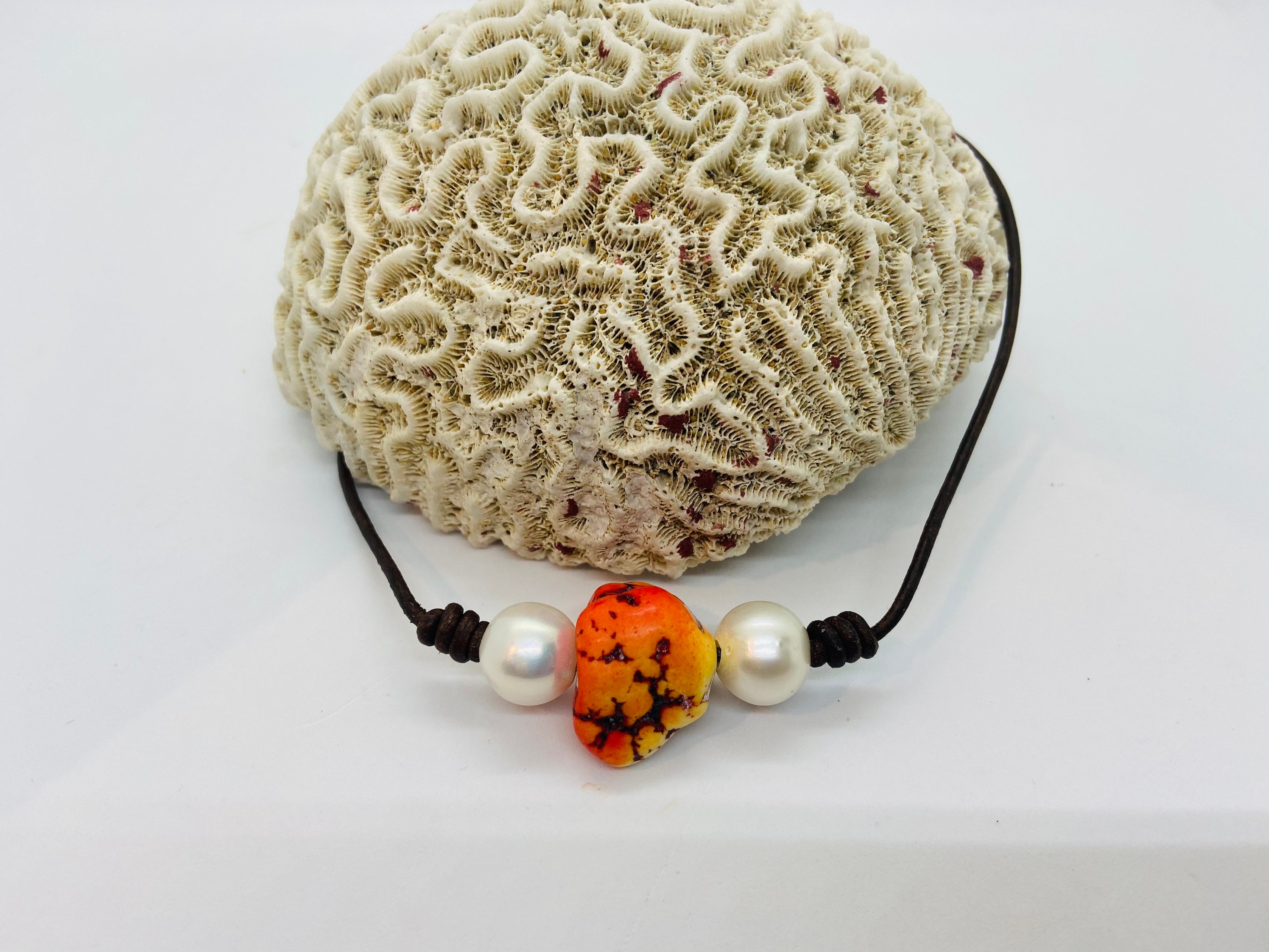 Orange Turquoise Stone Nugget Leather Necklace Pearl - Etsy UK