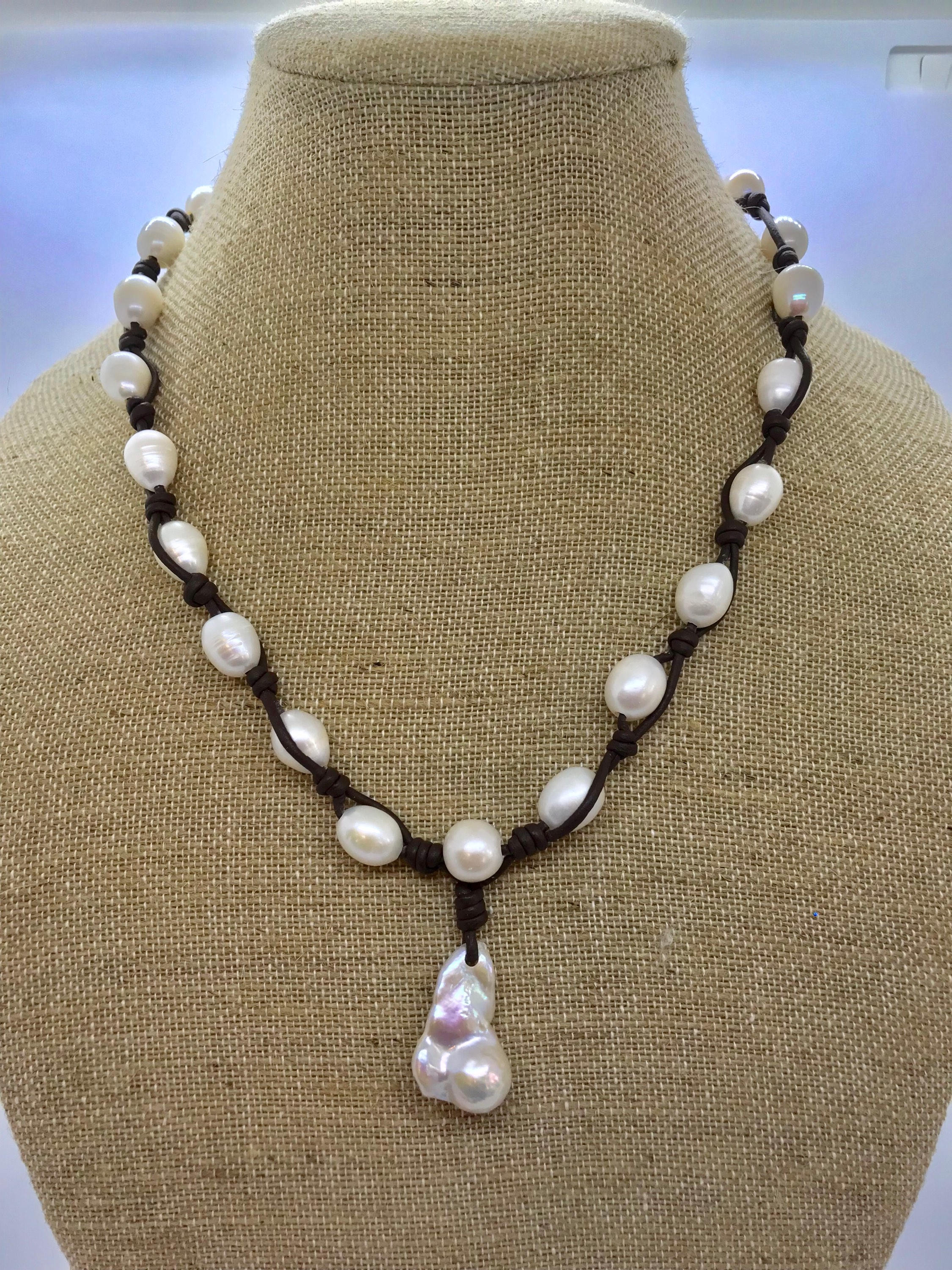 Large Fireball & Baroque Pearl Leather Statement Necklace, White ...