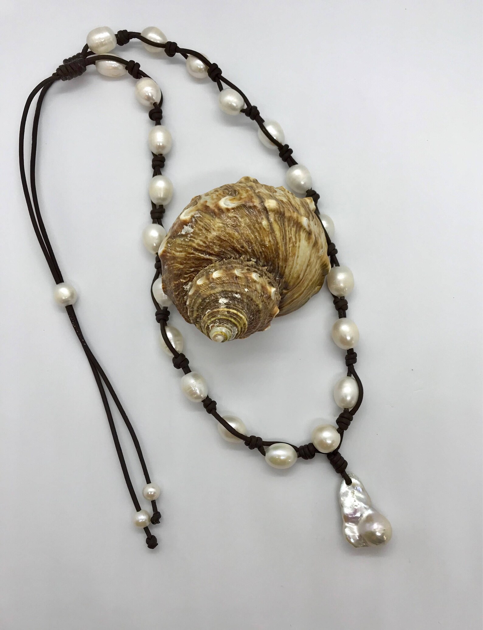 Large Fireball & Baroque Pearl Leather Statement Necklace, White ...