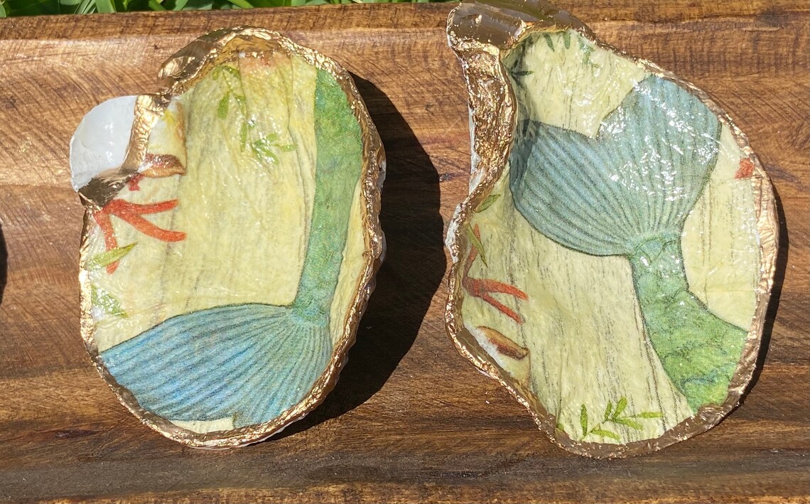 Oyster or Clam Shell Trinket Dish Decoupaged Mermaid Oyster - Etsy
