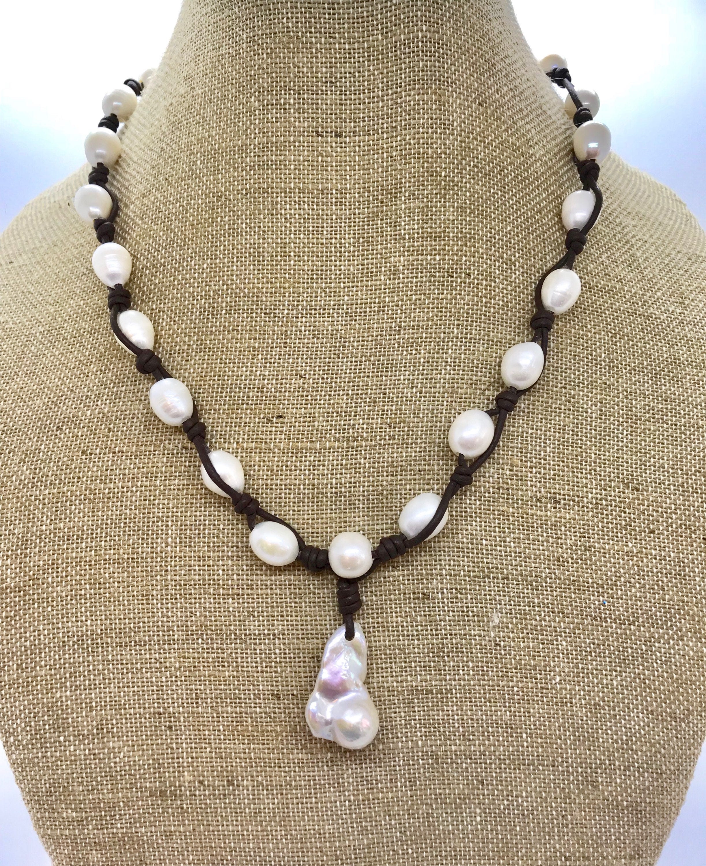 Large Fireball & Baroque Pearl Leather Statement Necklace, White ...