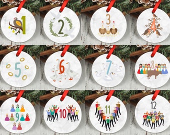 12 Days of Christmas Personalized Colored Wood Ornament Set, Christmas ...
