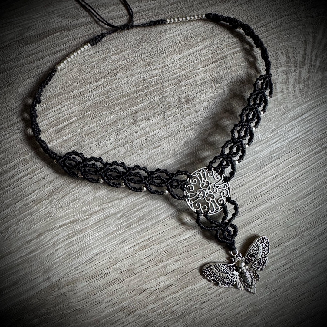 Gothic Style Black Macrame Necklace With Silver Metal Death Moth ...