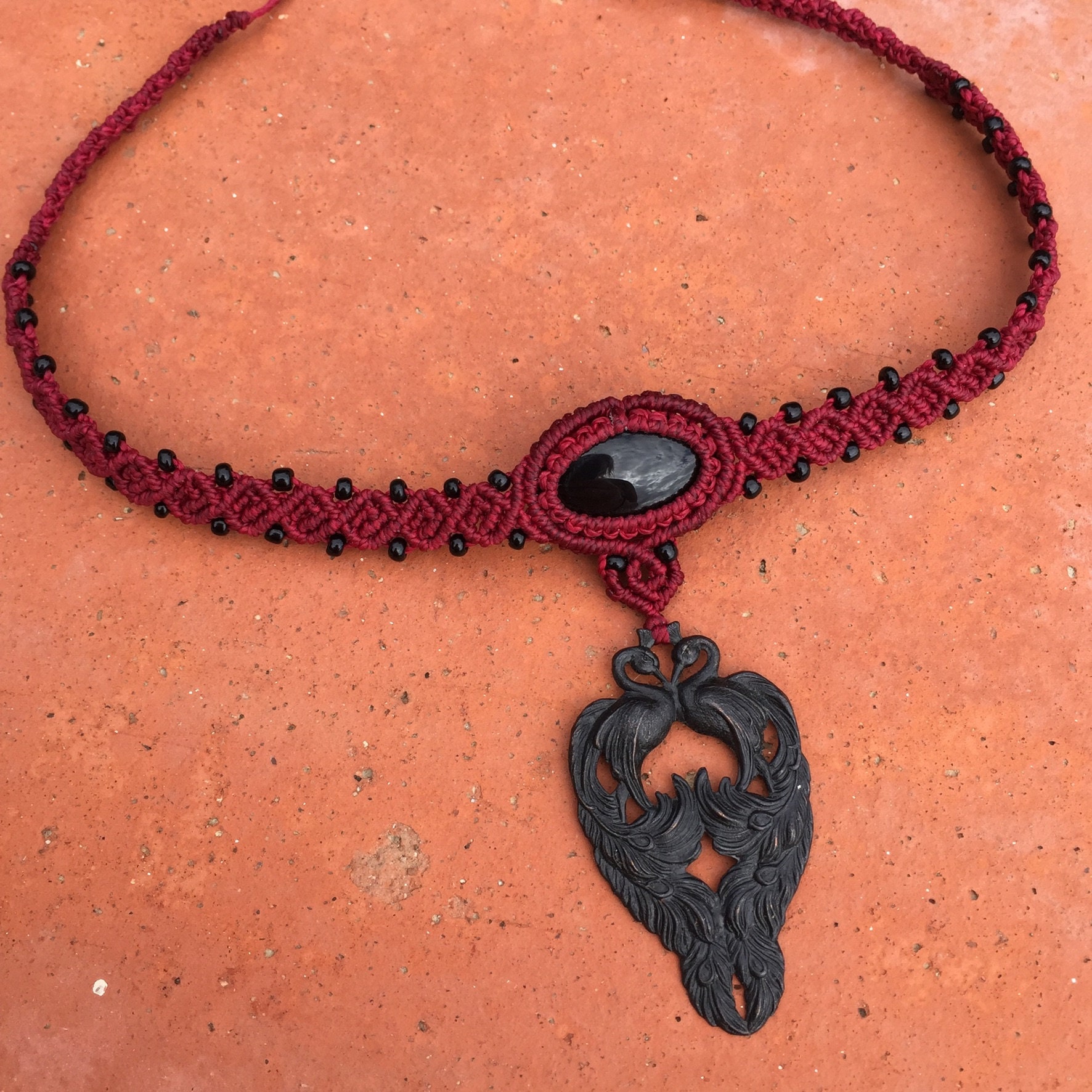 Gothic / Victorian Macrame Necklace With an Onyx Cabochon and a Black ...