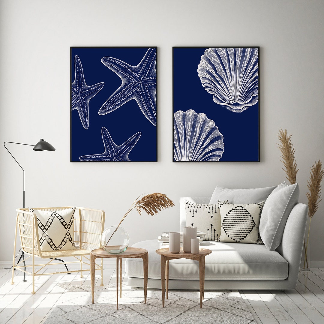 Set of 2 Nautical Prints, of Starfish and Scallop Shells on Navy Blue ...