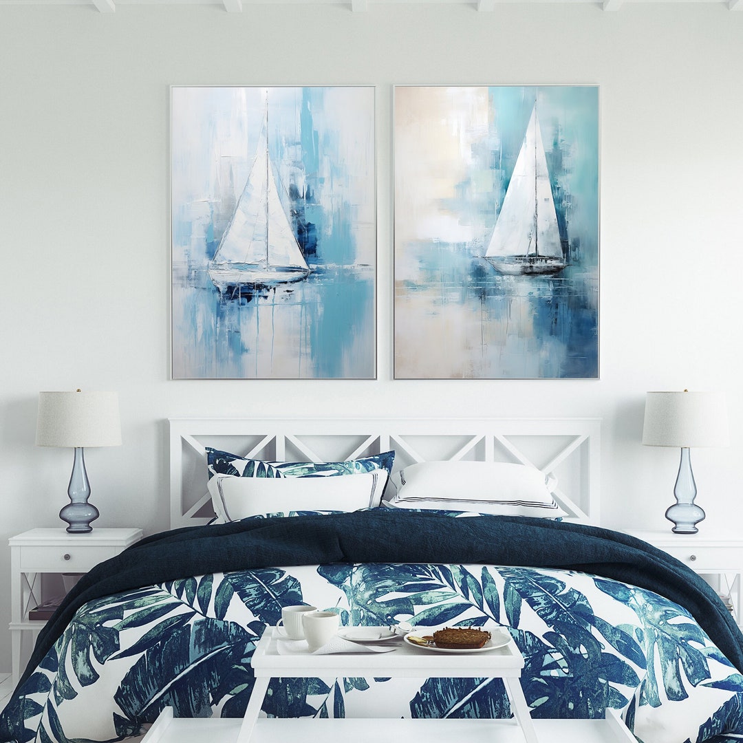 Set of 2 Abstract Nautical Prints Sailboat Art, Modern Coastal Wall Art ...