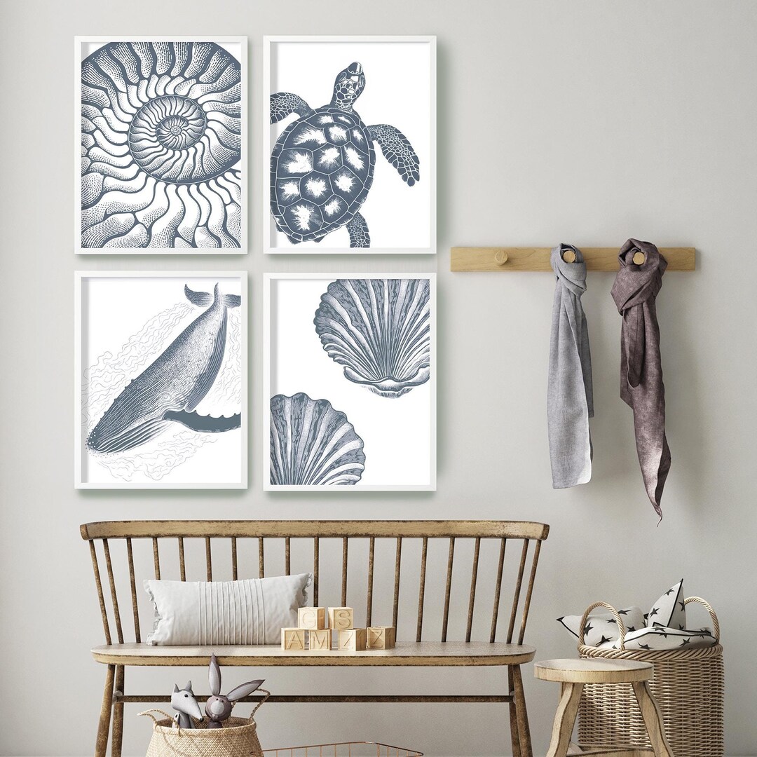 Set of 4 Indigo Blue Ocean Animals, Sea Turtle, Whale, Shells and ...