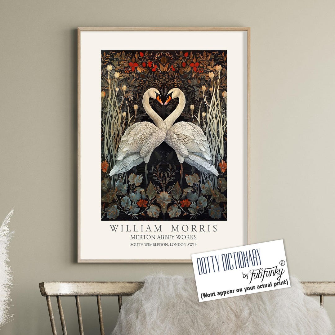 William Morris Style Bird Print, Swan Pair Illustration, Romantic ...
