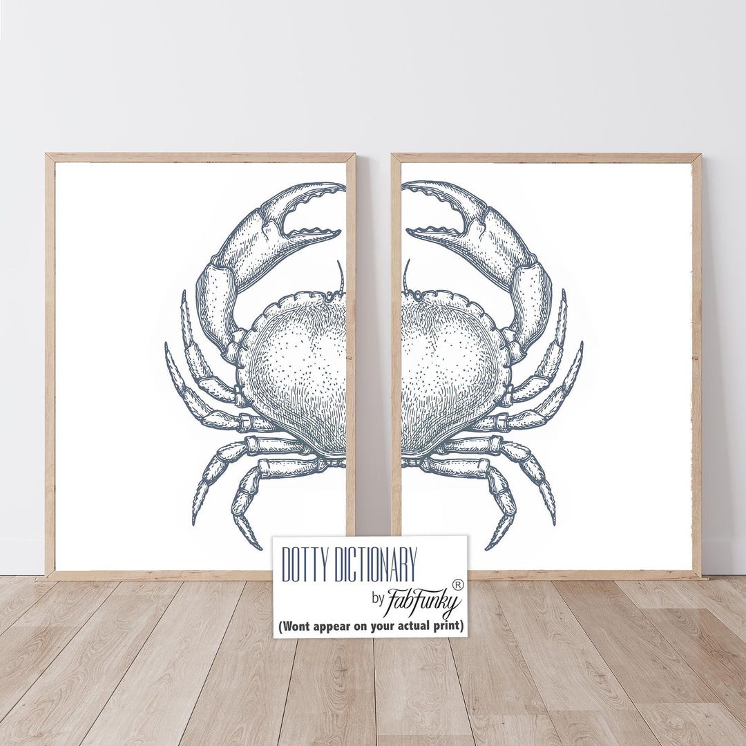 Modern Coastal Home Crab Art Prints, Set of 2 Indigo Blue White ...