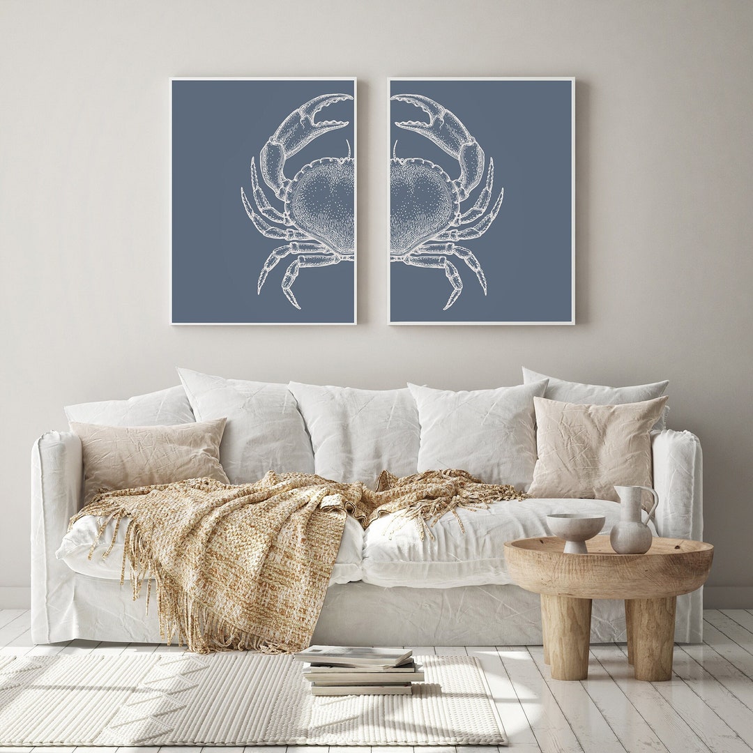 Set of 2 Blue Crab Prints on Indigo Blue, Modern Beach House Decor ...