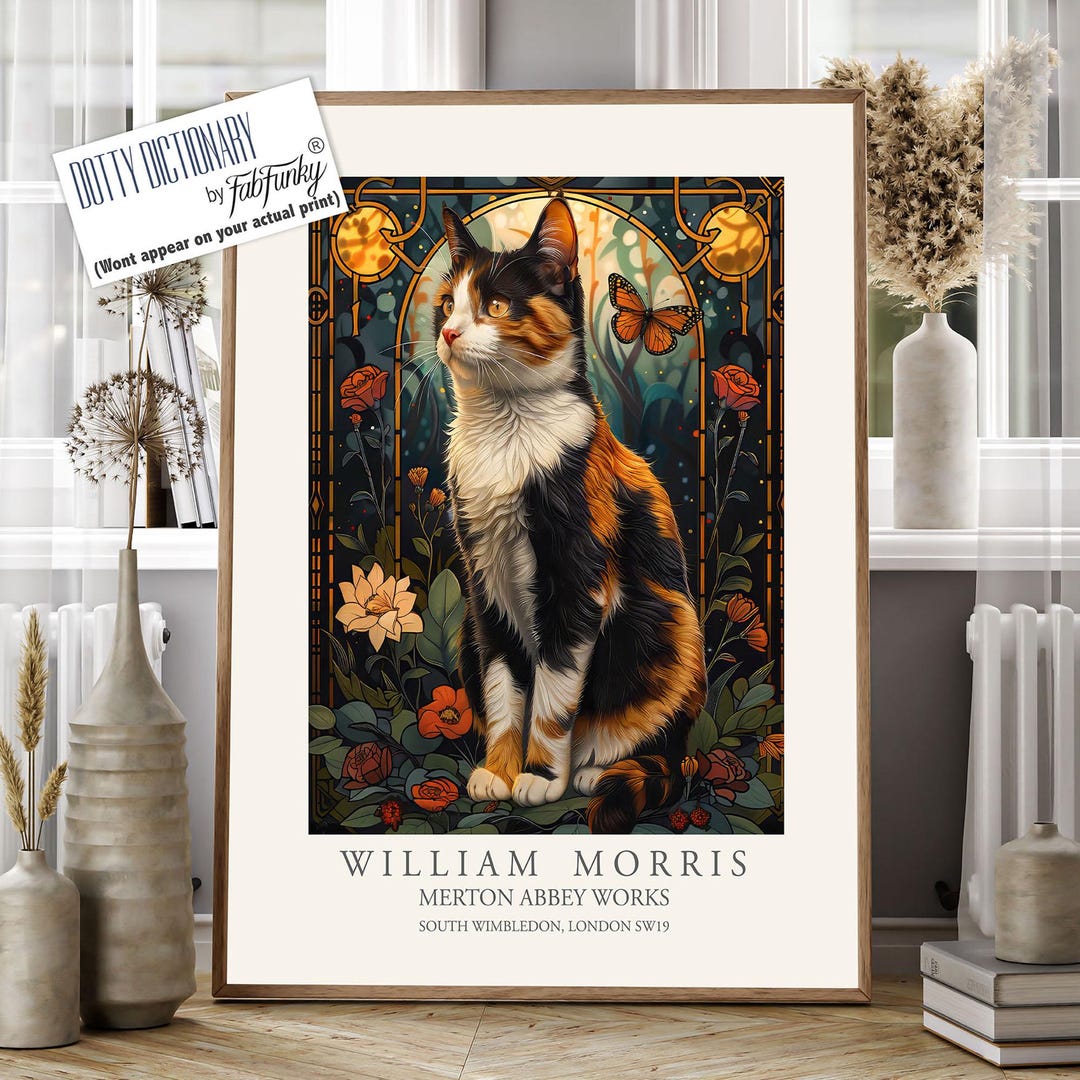 William Morris Style Cute Calico Cat Print, William Morris Poster ...