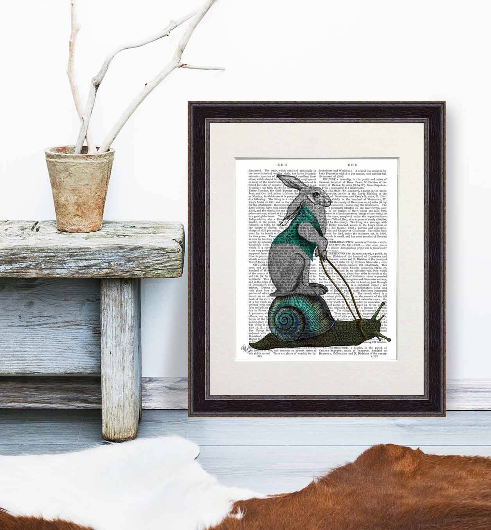 Hare and Snail Print Woodland Rabbit Print on Book Page Big - Etsy