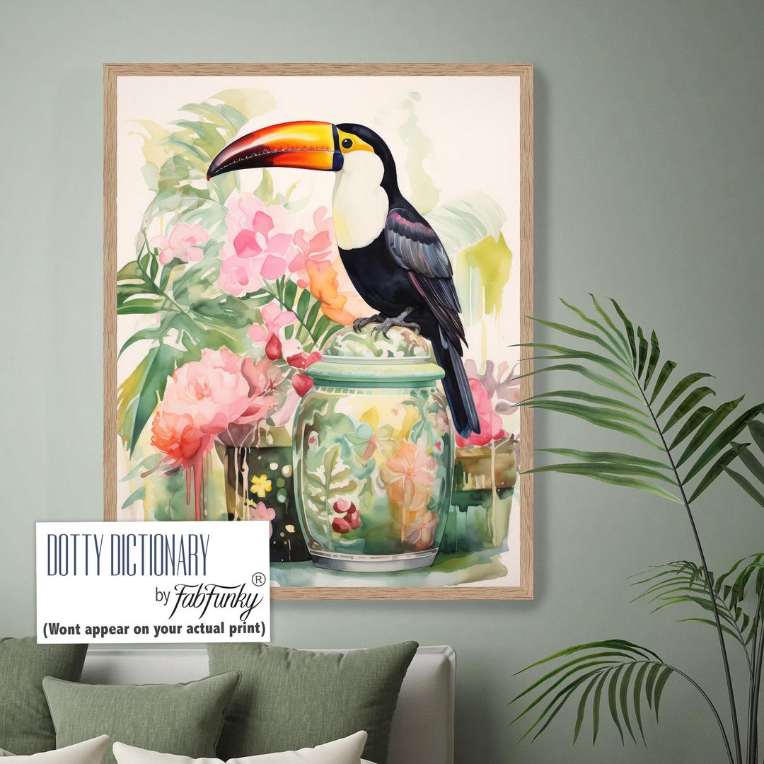 Toucan and Chinoiserie Ginger Jar Art Print, Tropical Bird Watercolour ...