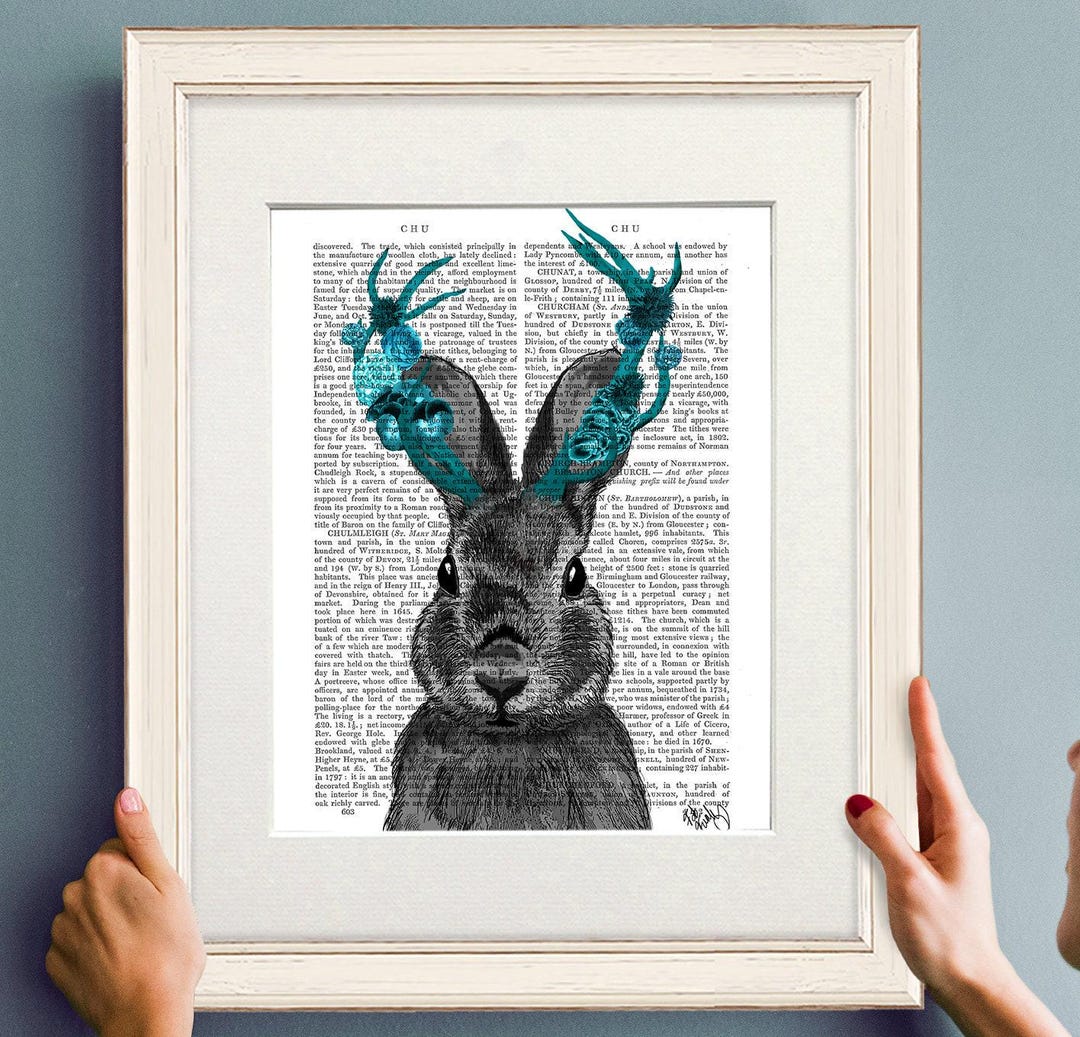 Jackalope Poster, Rabbit Illustration, Turquoise Antlers Print, Black ...