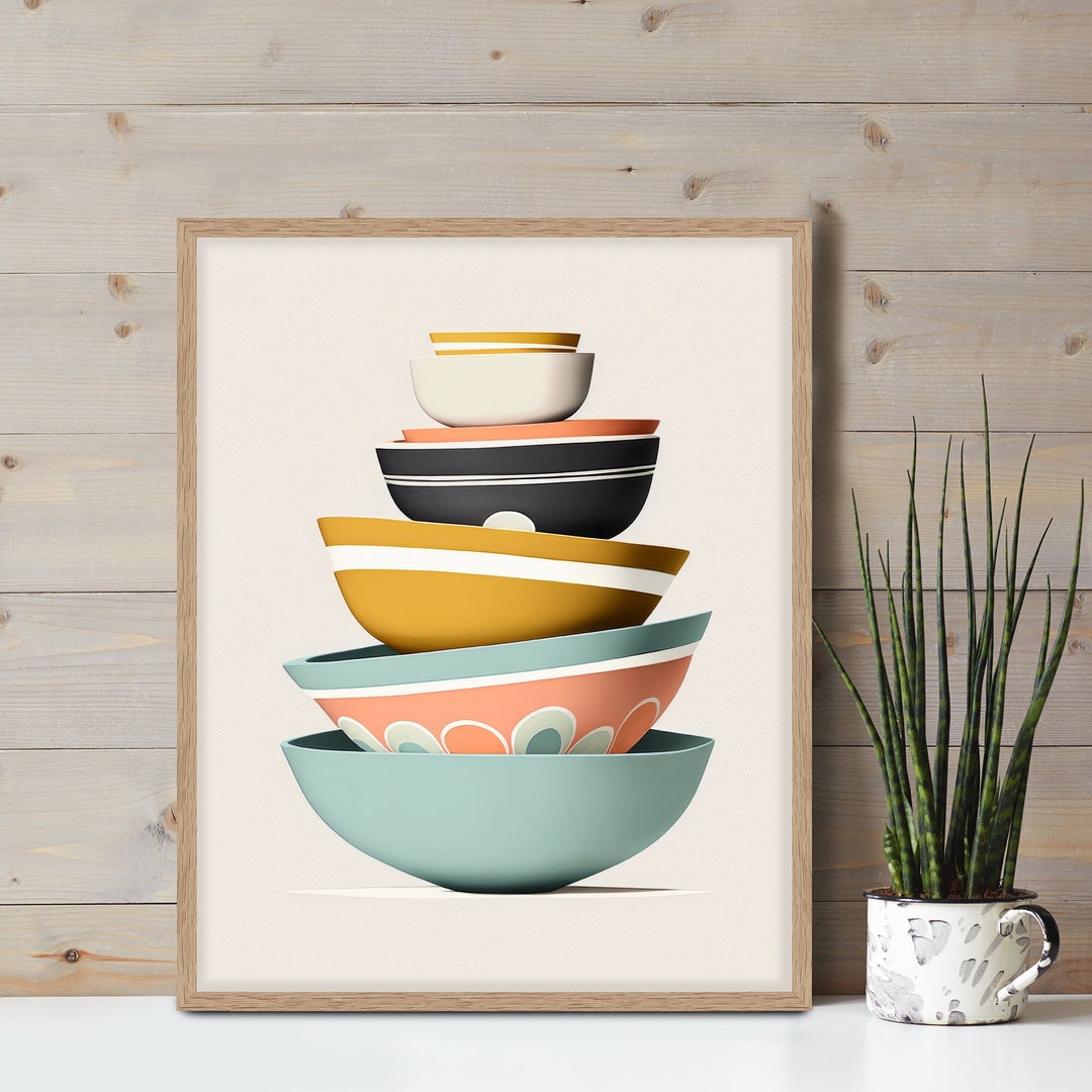 Retro Kitchen Art Print, of Mid Century Modern Scandi Style Bowls ...
