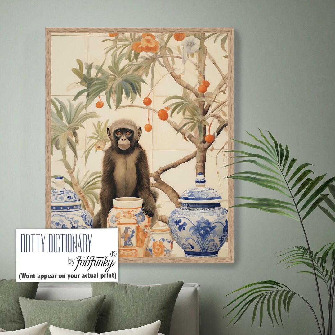 Cute Monkey and Ginger Jar Art Print, Blue and White Chinoiserie Art ...