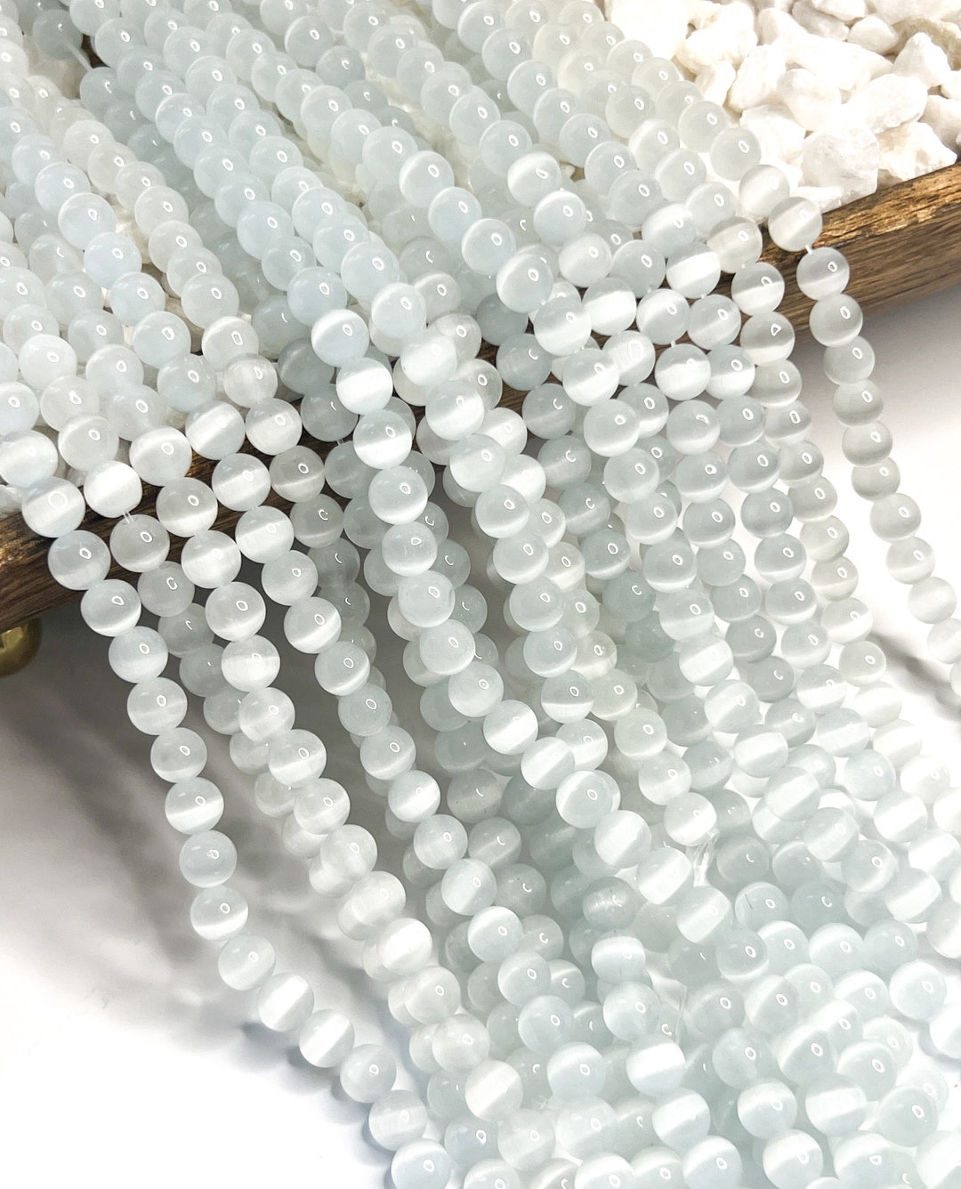 Smooth Natural White Cats Eye Quartz Gemstone Beads 8mm, 10mm, 12mm ...
