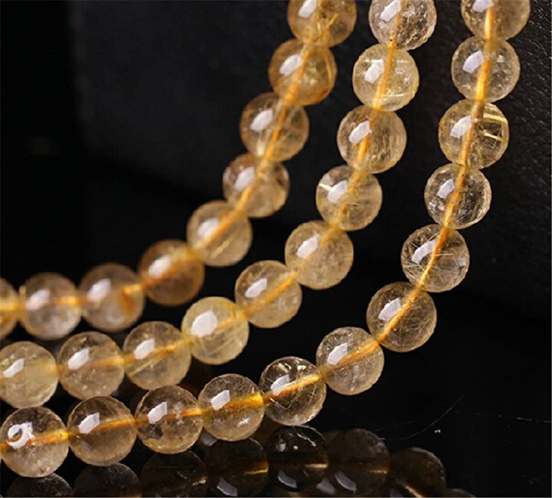 Natural Gold Rutilated Quartz Gemstone Beads Energy Crystal Healing ...