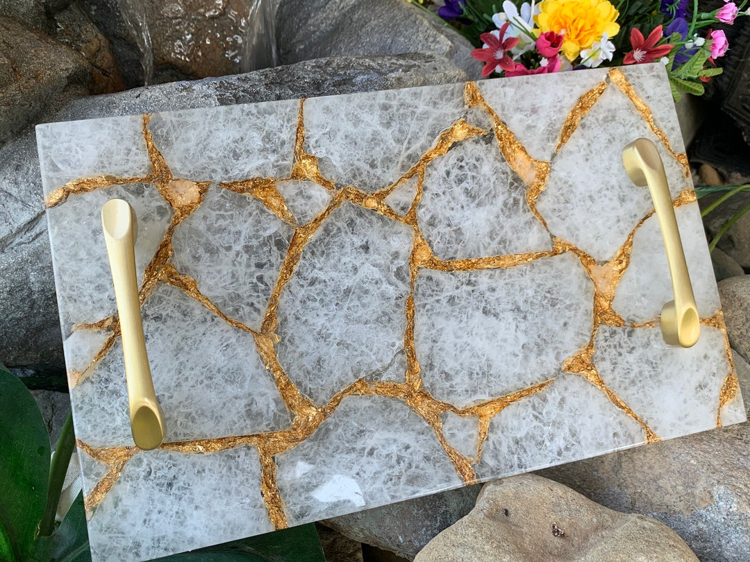 White Agate Stone Serving Tray With Brass Handles, Charcuterie Board ...