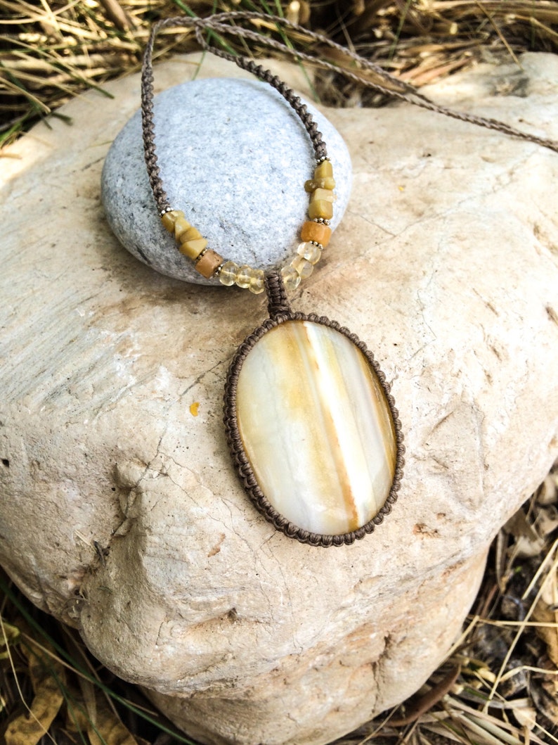 Yellow Banded Agate Macrame Necklace Large Agate Gemstone | Etsy
