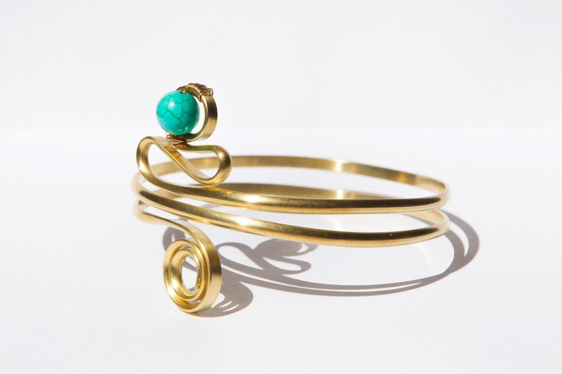 Gold Arm Cuff, Upper Arm Bracelet, Golden Armlet, Turquoise, Natural ...