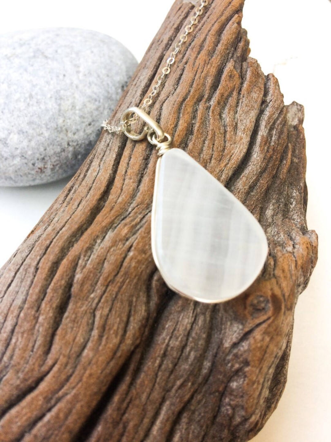 White Calcite Pendant, Sterling Silver Pendant, Teardrop White Calcite ...