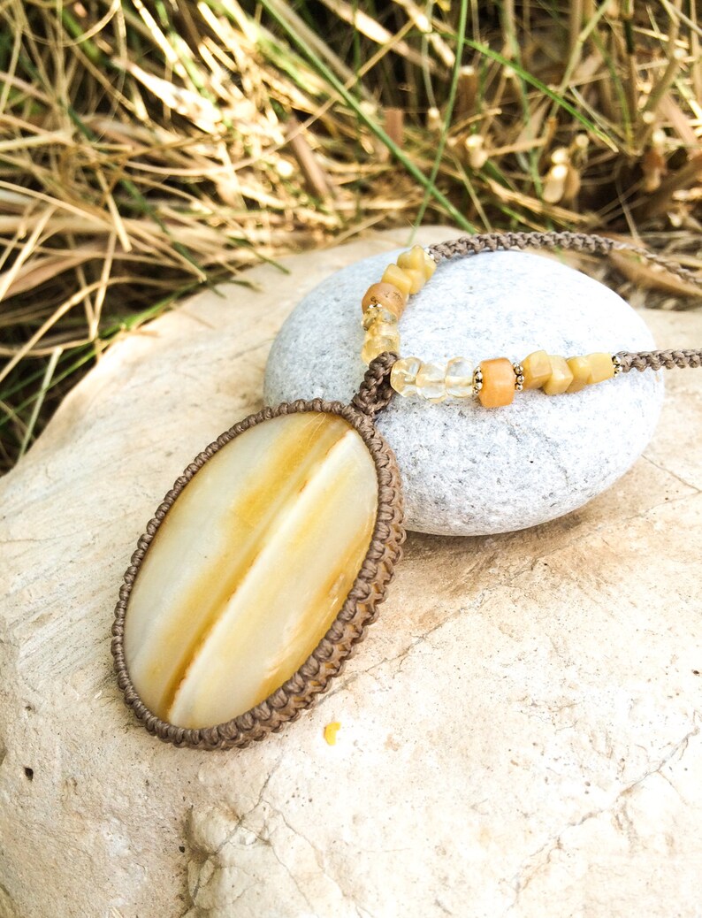 Yellow Banded Agate Macrame Necklace Large Agate Gemstone | Etsy