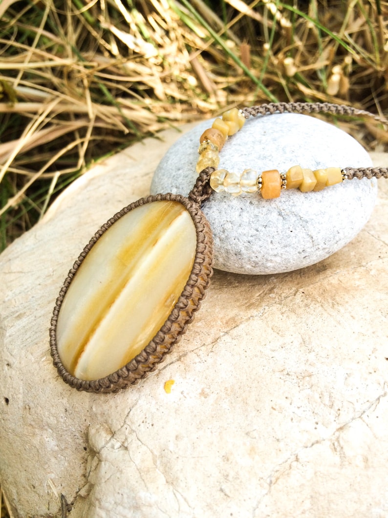 Yellow Banded Agate Macrame Necklace Large Agate Gemstone | Etsy