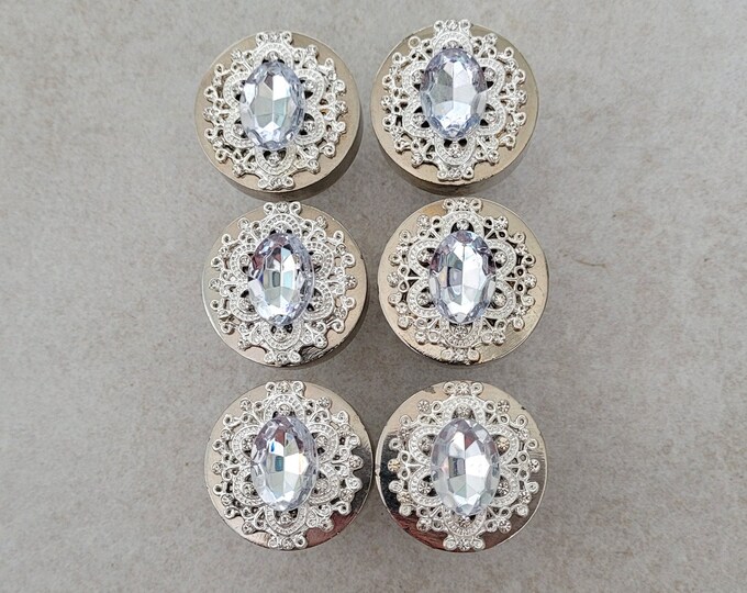 Set of 6 Large Silver Furniture Handles Sparkly Chrome Crystal Drawer ...