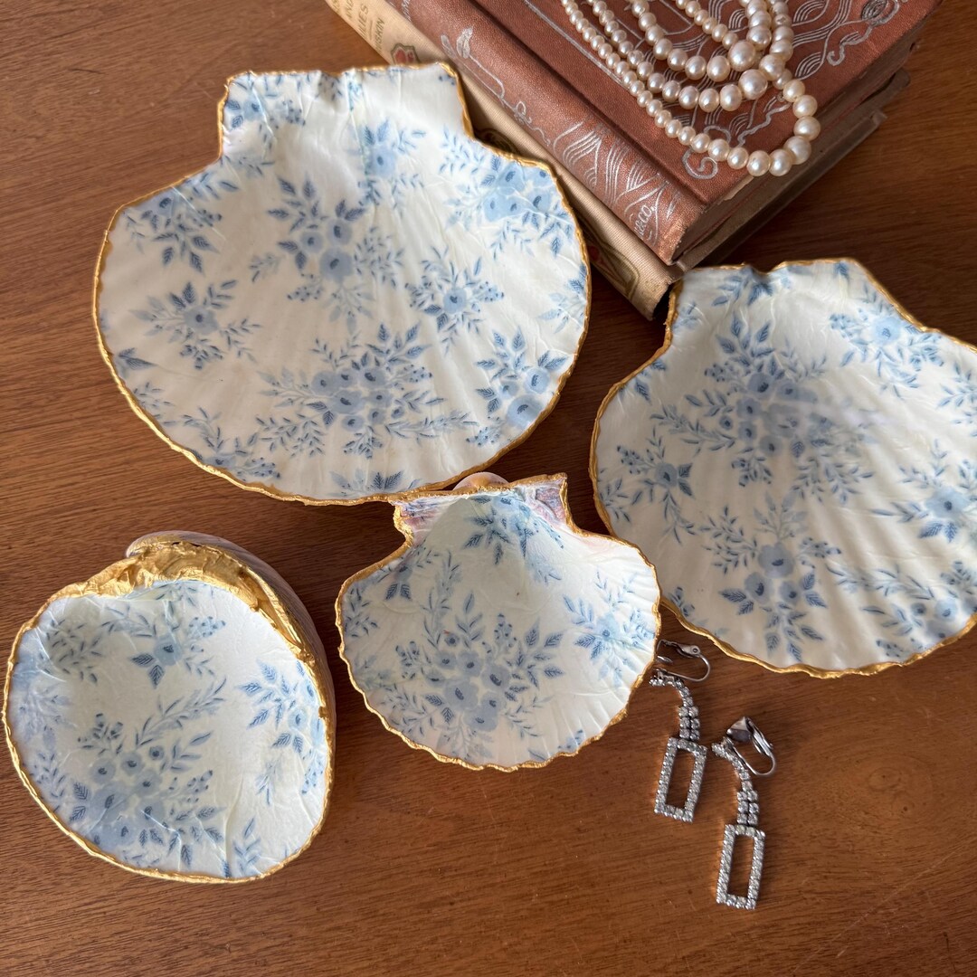 Decoupage Sea Shell Ring Dish: Hand-painted Gold Edge, Blue Floral ...