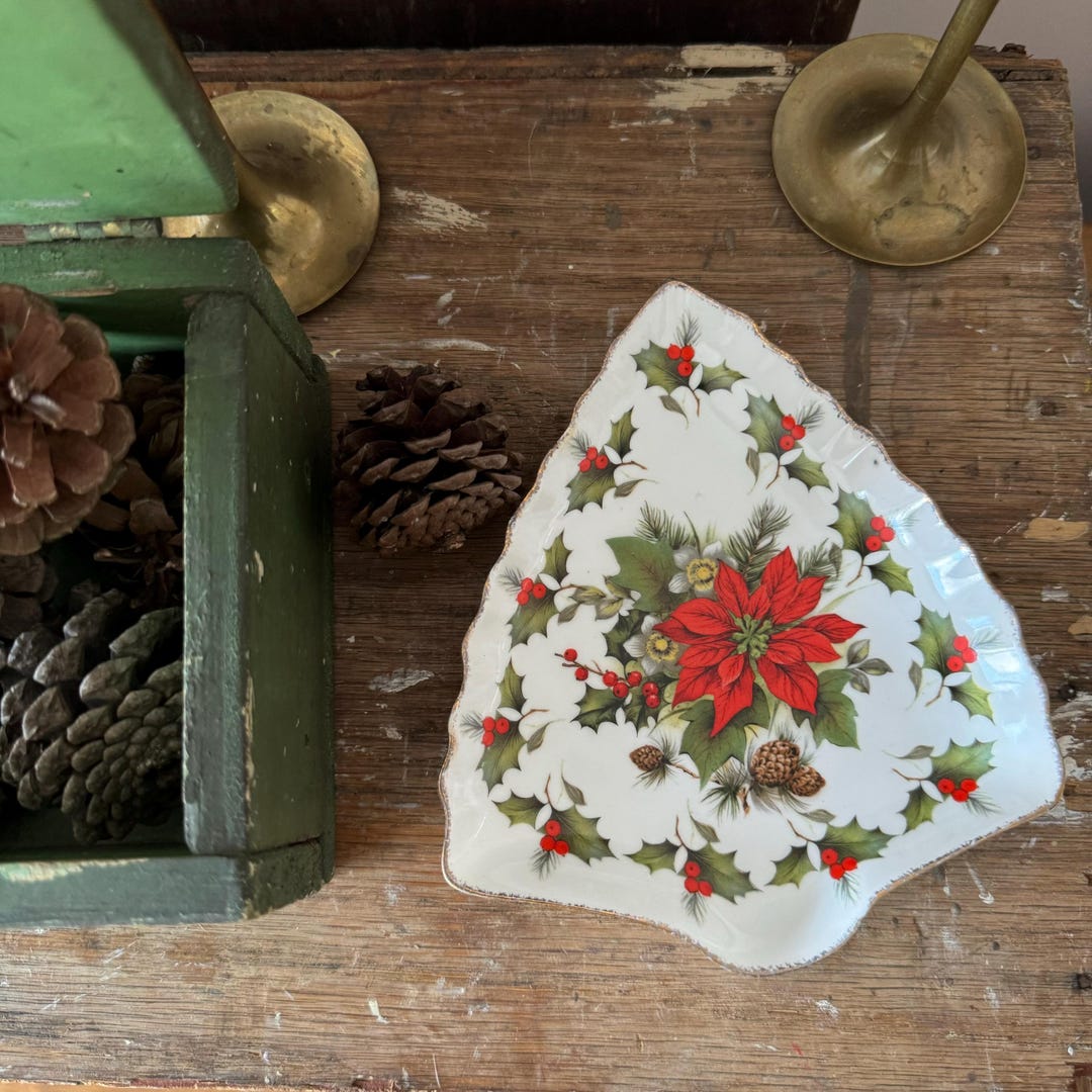 Vintage Christmas Rose Bone China Candy Dish: Flambro Poinsettia Tree ...