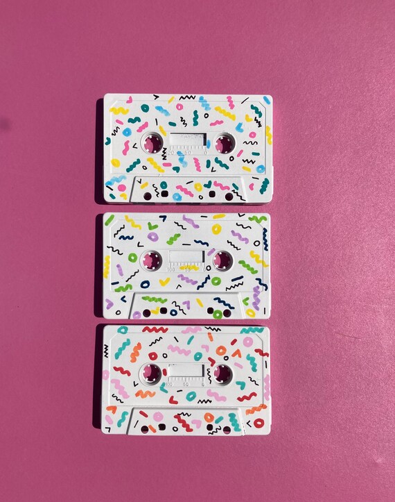 Fun 90s style confetti pattern hand painted on retro cassette tape ...