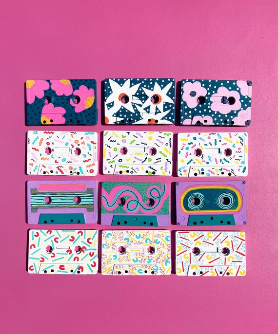 Fun 90s style confetti pattern hand painted on retro cassette tape ...