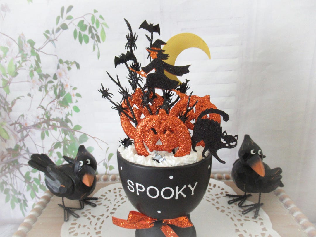 Halloween Centerpiece: Faux Whip, Witch, Pumpkin & Black Cat, Tiered ...