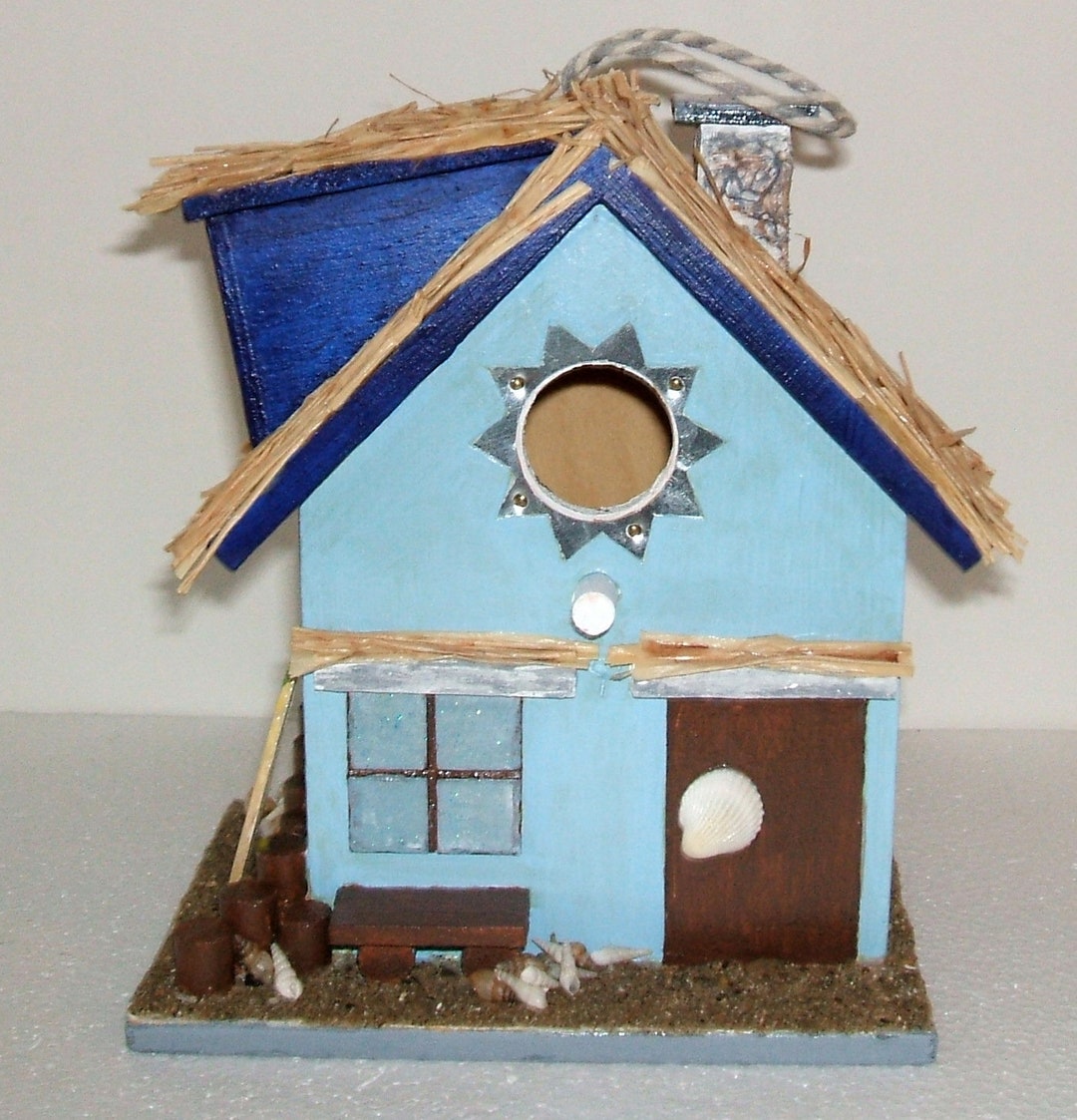 Wooden 8" Blue Beach Birdhouse, Nautical Beach Decor, Dock Pilings ...