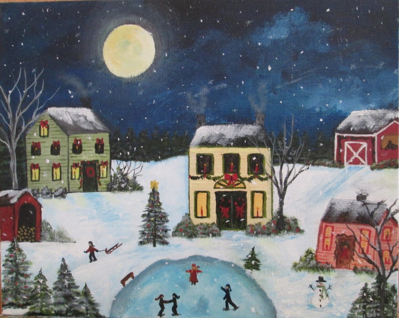 Winter Painting~*~christmas Village~*~folk Art~*~9x12"~*~christmas ...