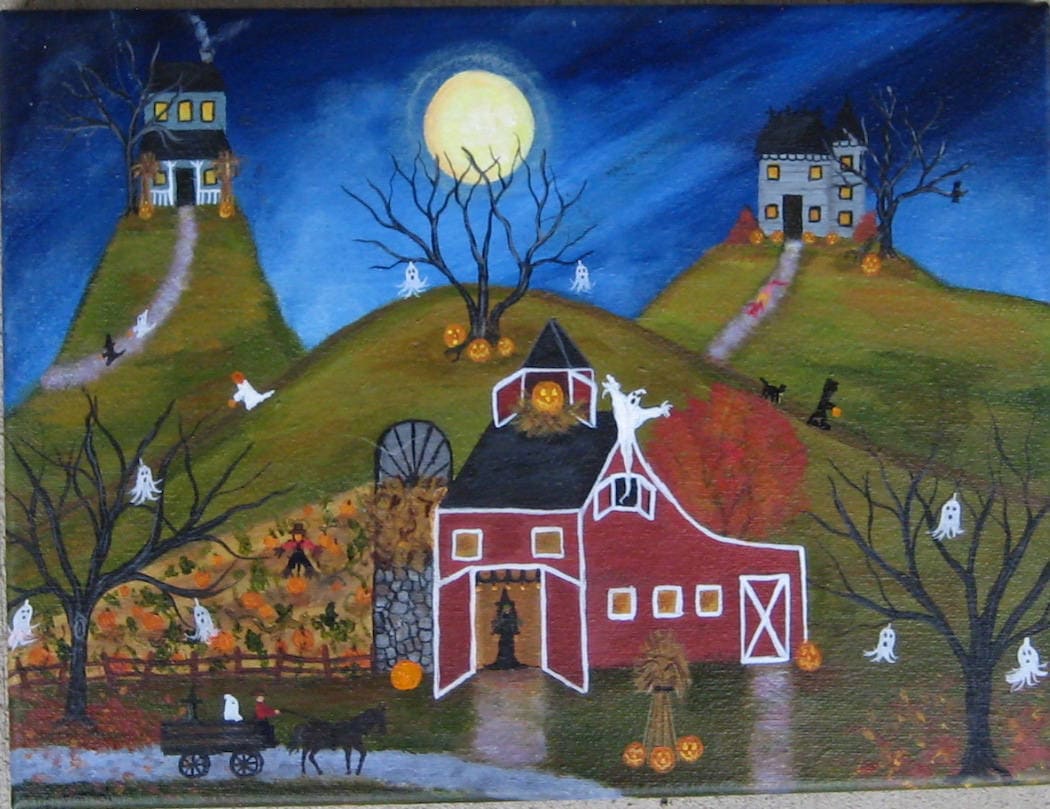 Halloween Painting, Folk Art Painting, Autumn Painting, Ghosts, Witches ...