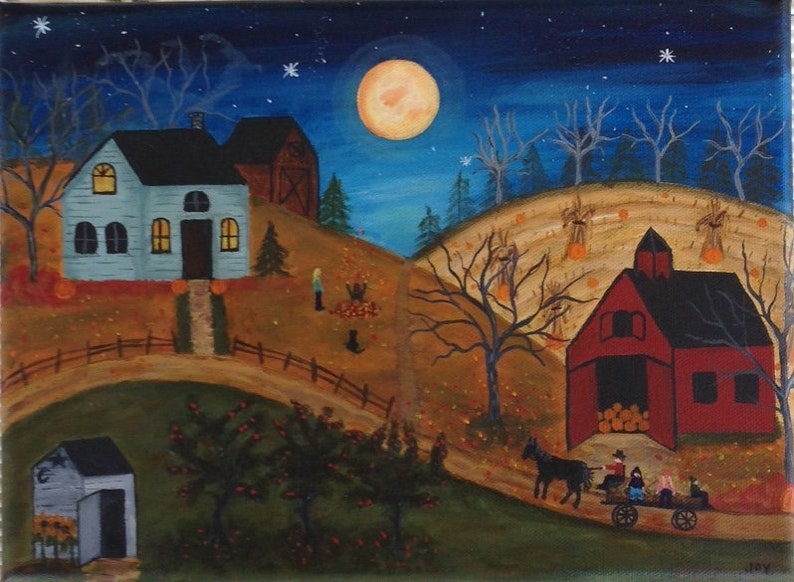 Autumn Painting, Halloween, Folk Art Painting, Pumpkins, Original ...
