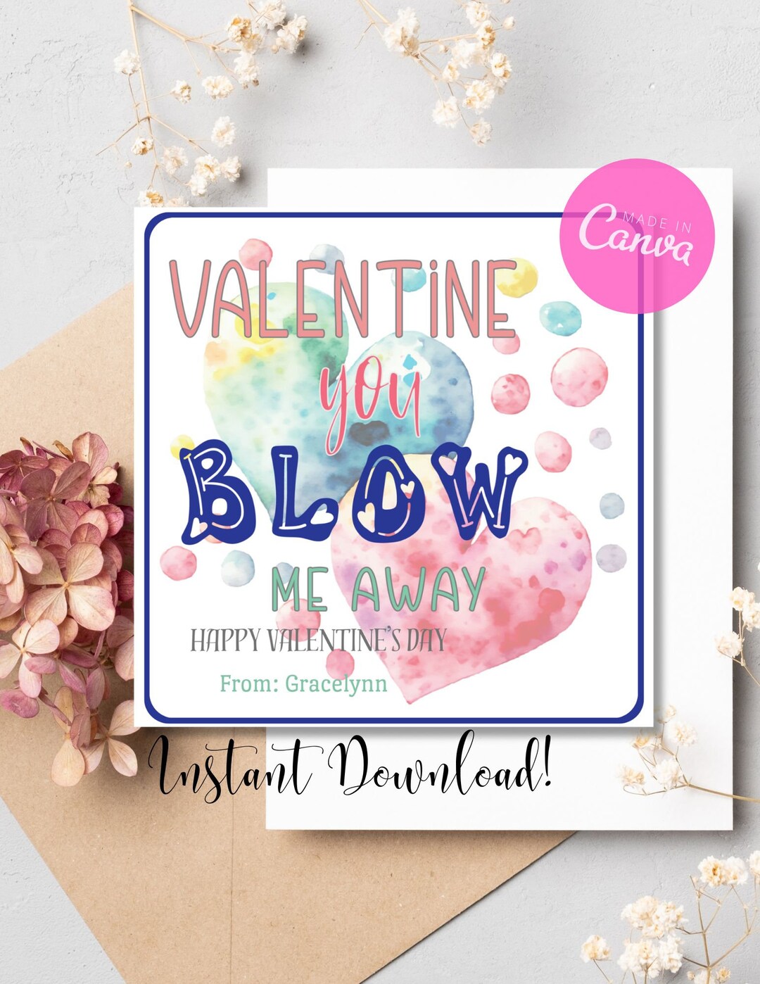 Digital*** Canva Editable Valentines Card You Blow Me Away Kids ...