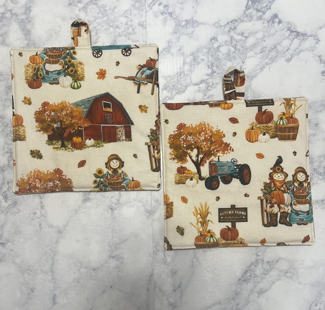 Tractor, Barn, Fall Color Kitchen Potholder Set - Hot Pads -pot Holders ...