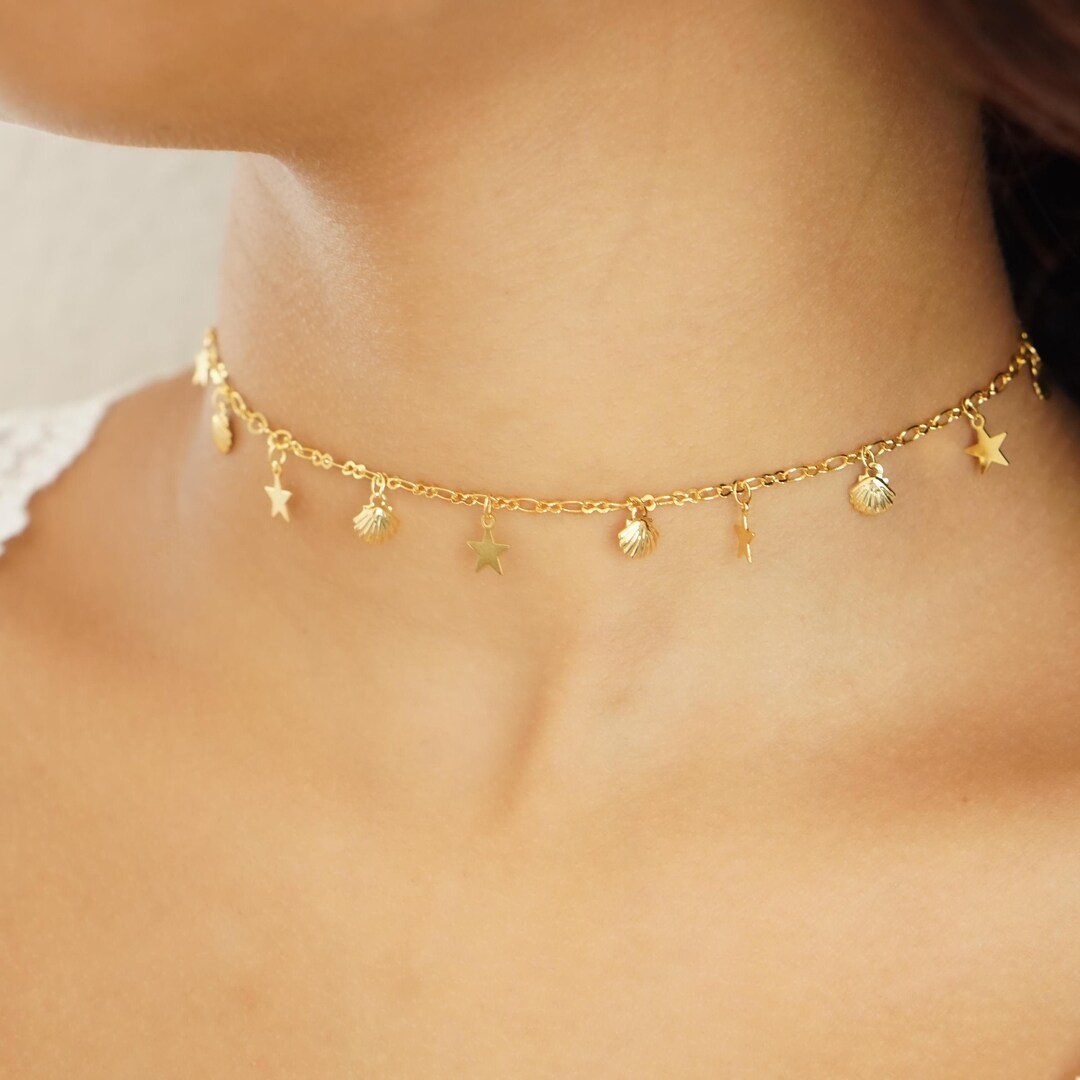 Gold Seashell & Star Choker Gold Shell Necklace Beach Necklace Gold ...
