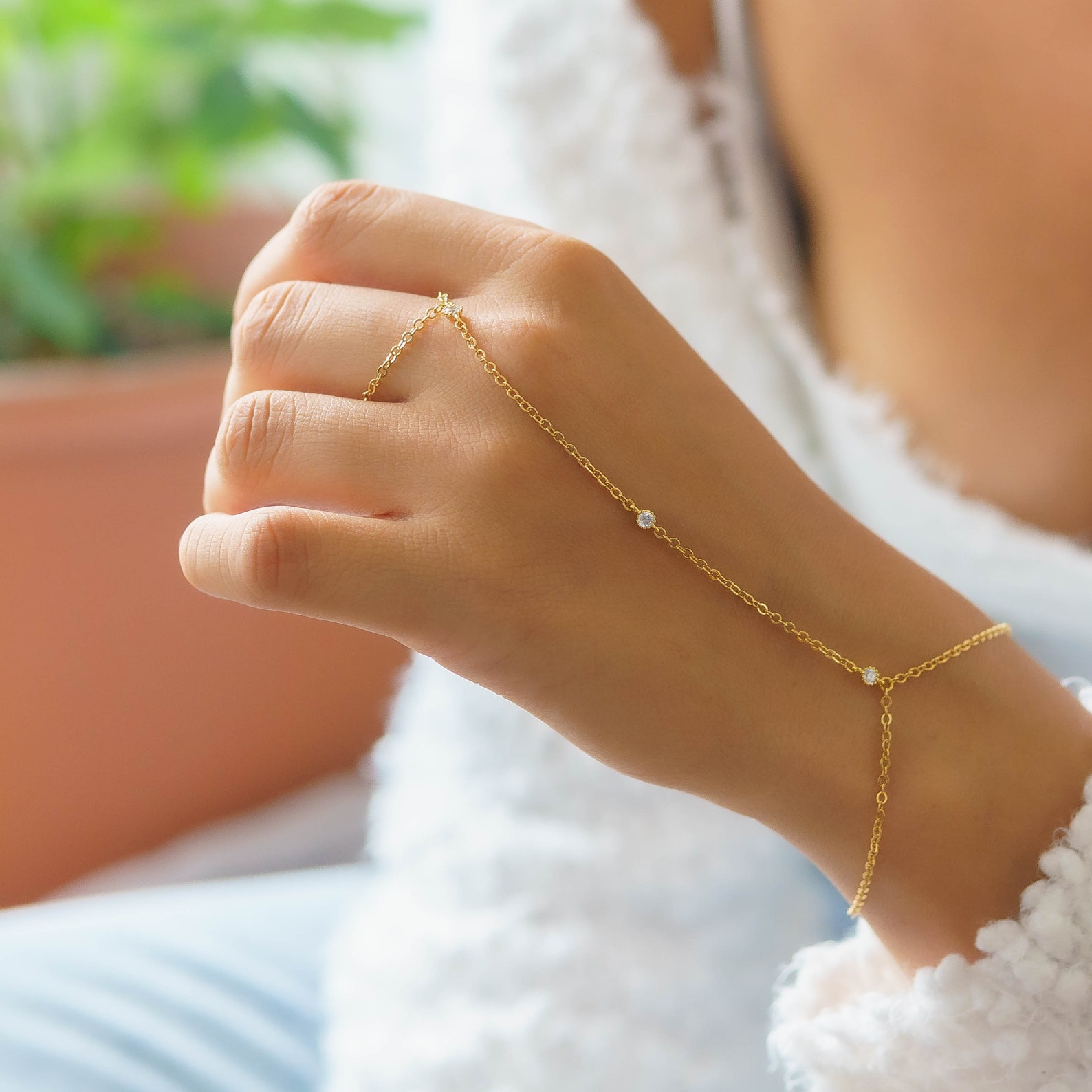 3 CZ Hand Chain Bracelet Gold Slave Bracelet Tiny Rhinestone Finger Bracelet Waterproof Summer ...