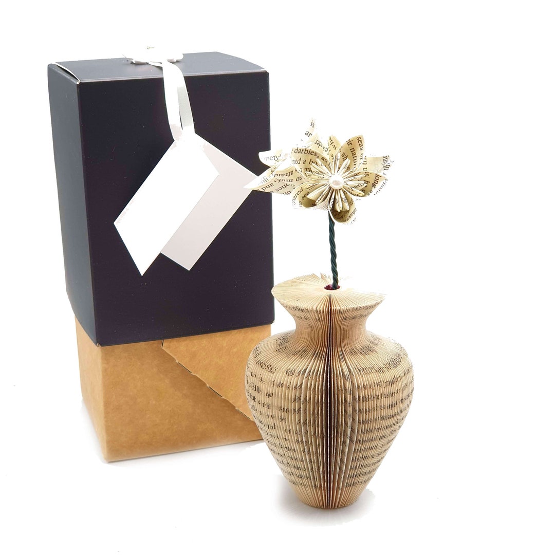 Mini Paper Vase Urn Shaped With Book Paper Flowers Book Art - Mother's ...