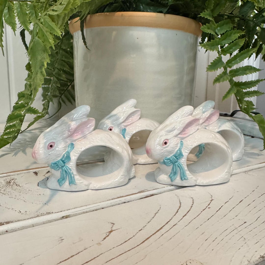 Set of 4 Vintage Ceramic White Rabbit Napkin Rings/ Bunny Napkin Rings ...