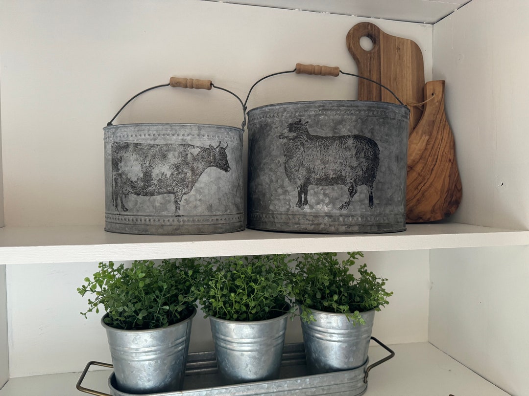 Set of 2 Adorable Farmhouse Galvanized Buckets/ Sheep Decor /cow Decor ...