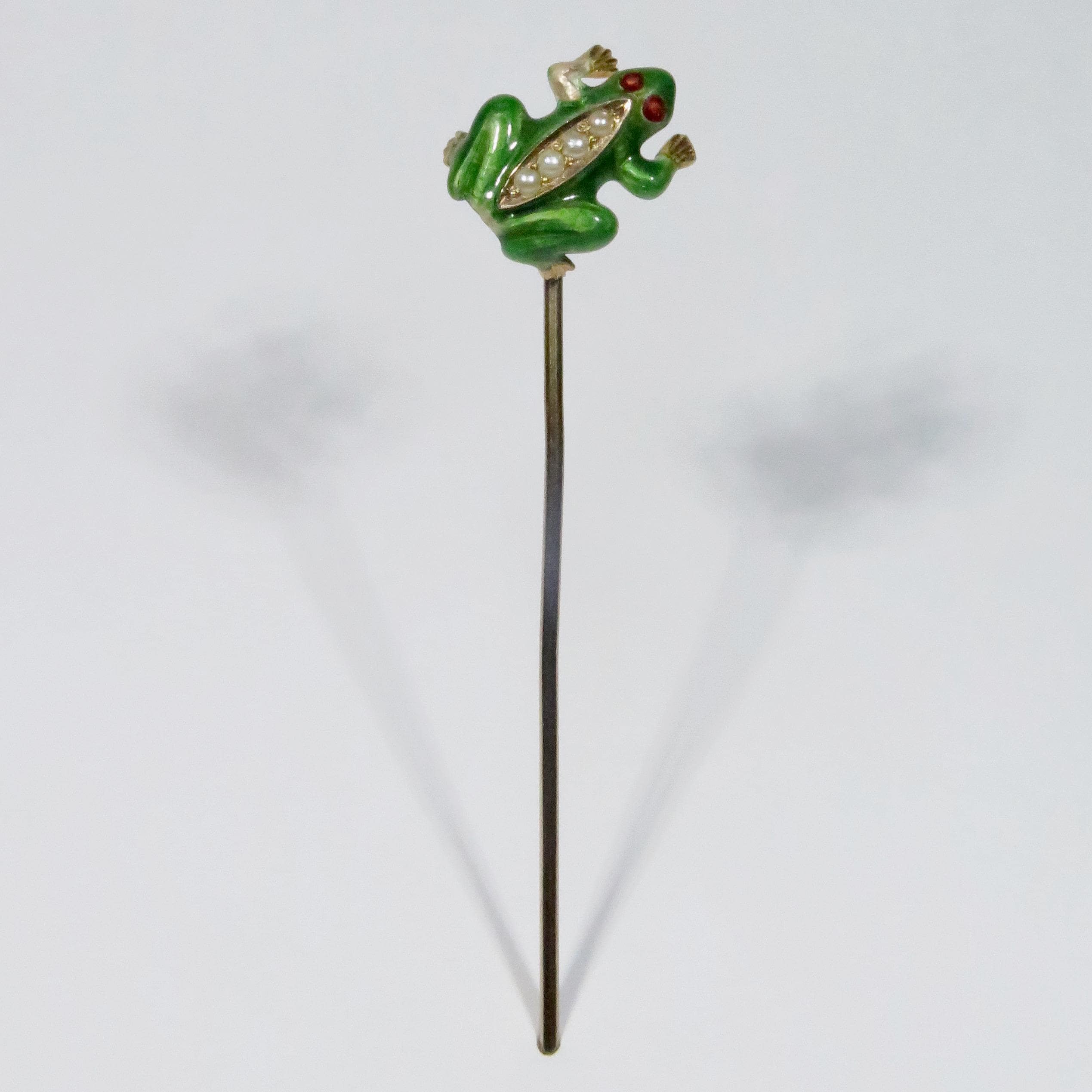 Antique Edwardian 10K Gold Enamel & Seed Pearl Frog or Toad Stick Pin ...