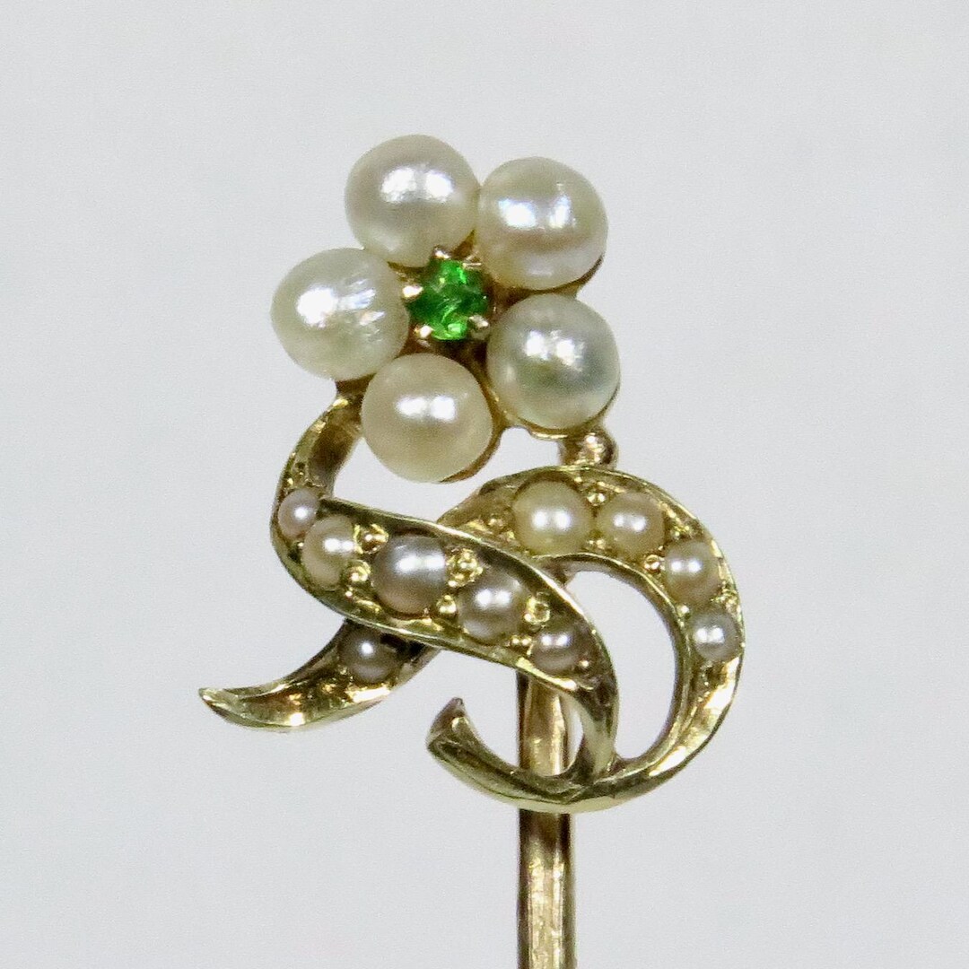 Antique Victorian 18K 14K Gold Seed Pearl & Demantoid Garnet Stick Pin ...
