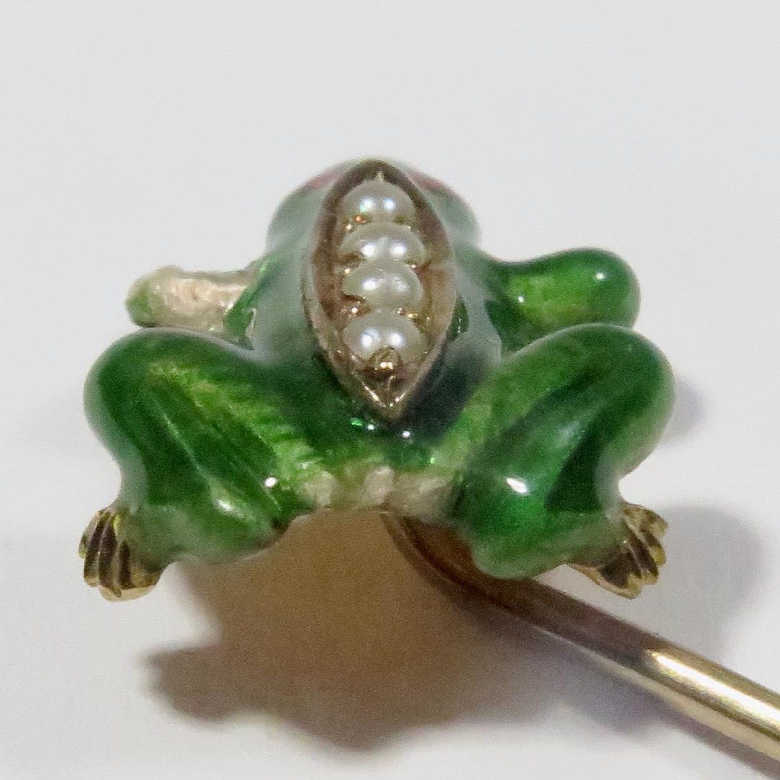 Antique Edwardian 10K Gold Enamel & Seed Pearl Frog or Toad Stick Pin ...